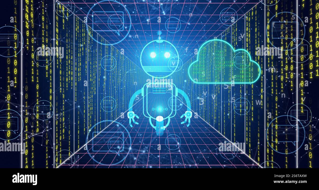 Robot and cloud computing image over digital data processing background ...