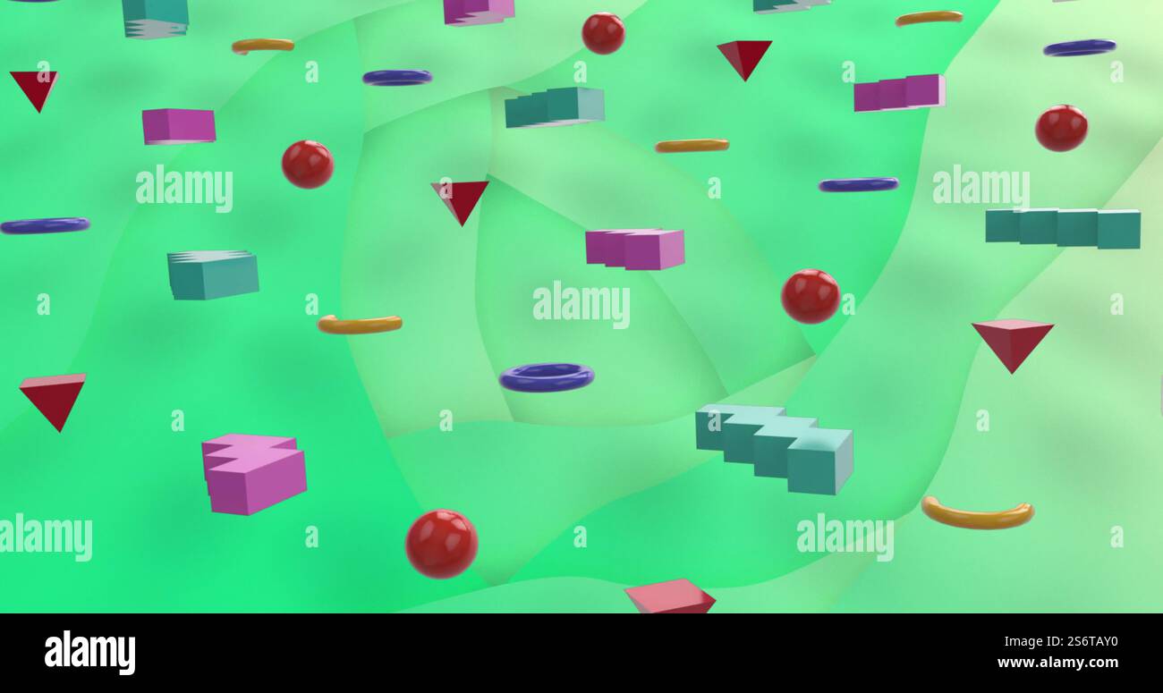 Colorful geometric shapes floating over green background image Stock ...