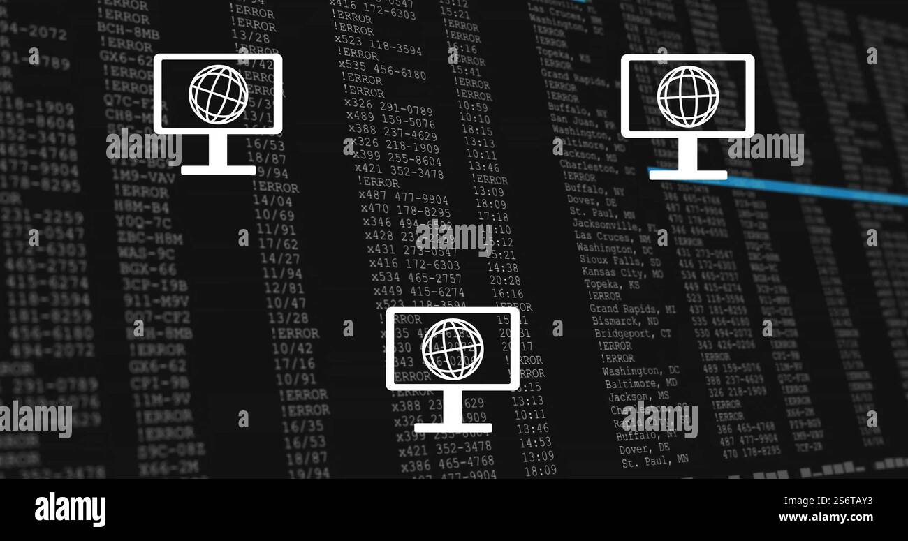 Computer network icons image over data processing screen with code ...
