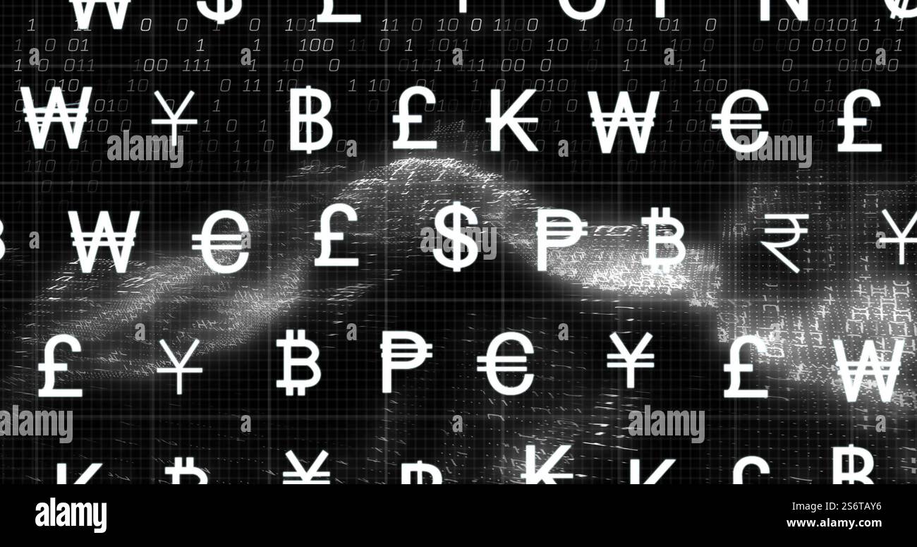 Currency symbols and binary code image over abstract digital background Stock Photo - Alamy