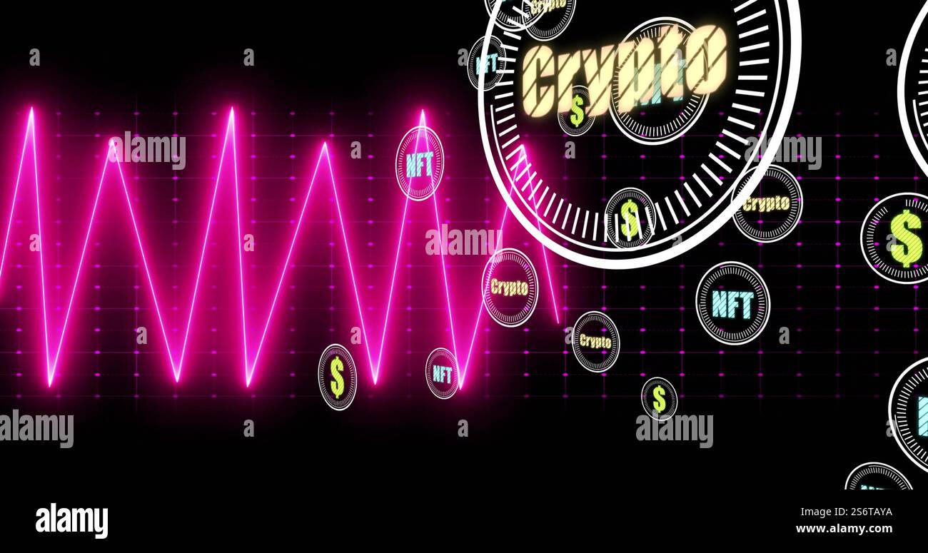 Crypto and NFT symbols image over black grid background Stock Photo - Alamy