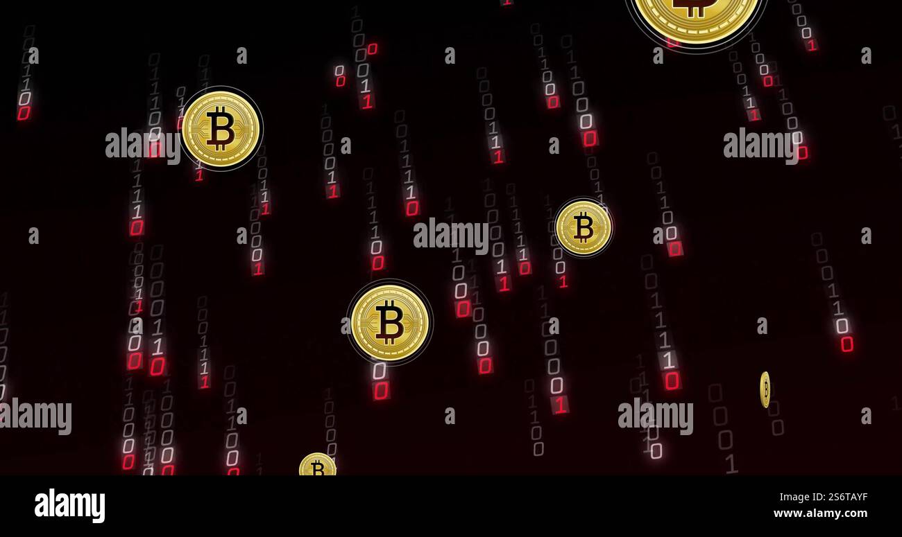 Bitcoin symbols and binary code image over dark background Stock Photo - Alamy