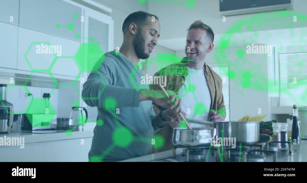Cooking together in kitchen, green data processing image over couple ...