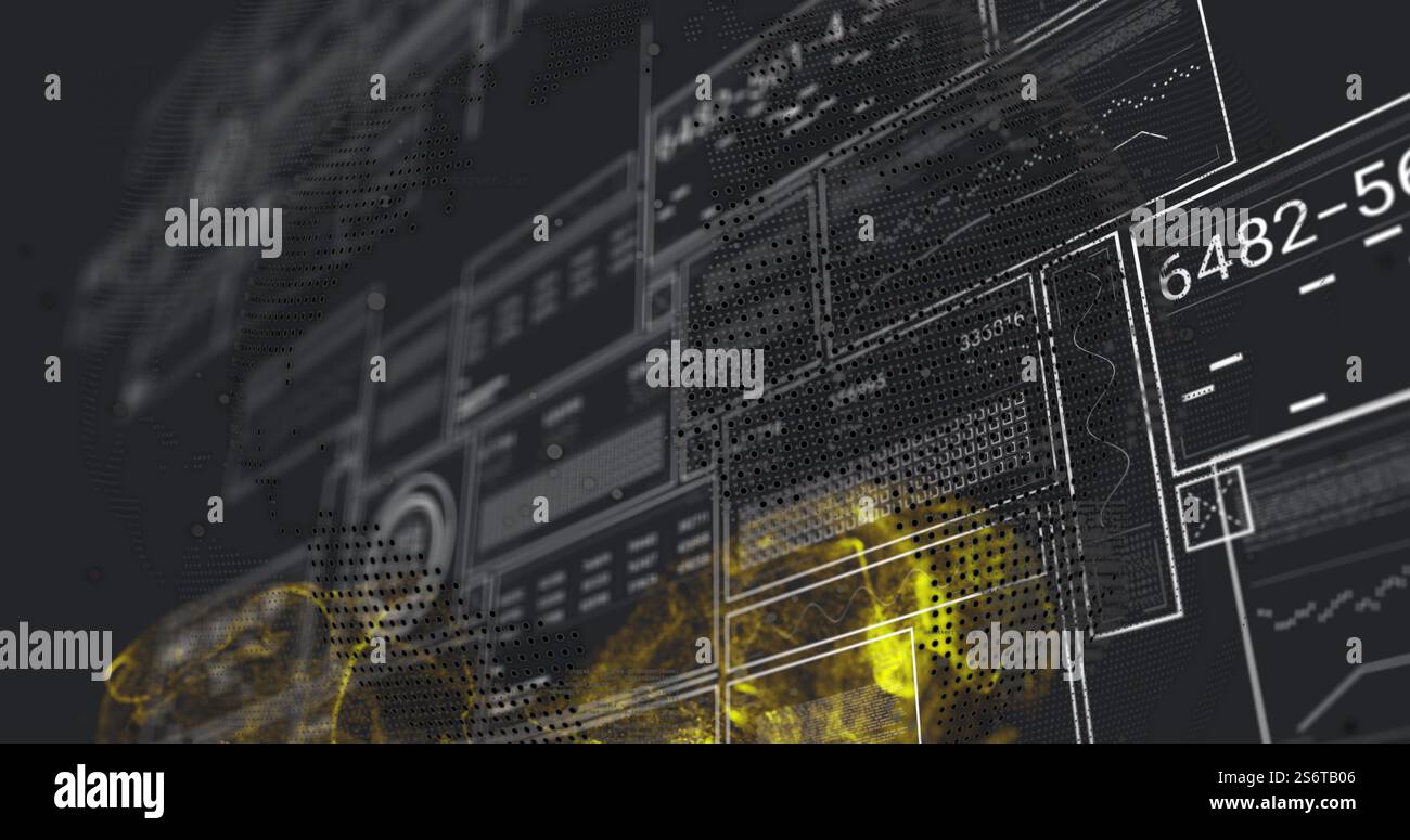 Yellow data visualization and digital interface image over abstract ...