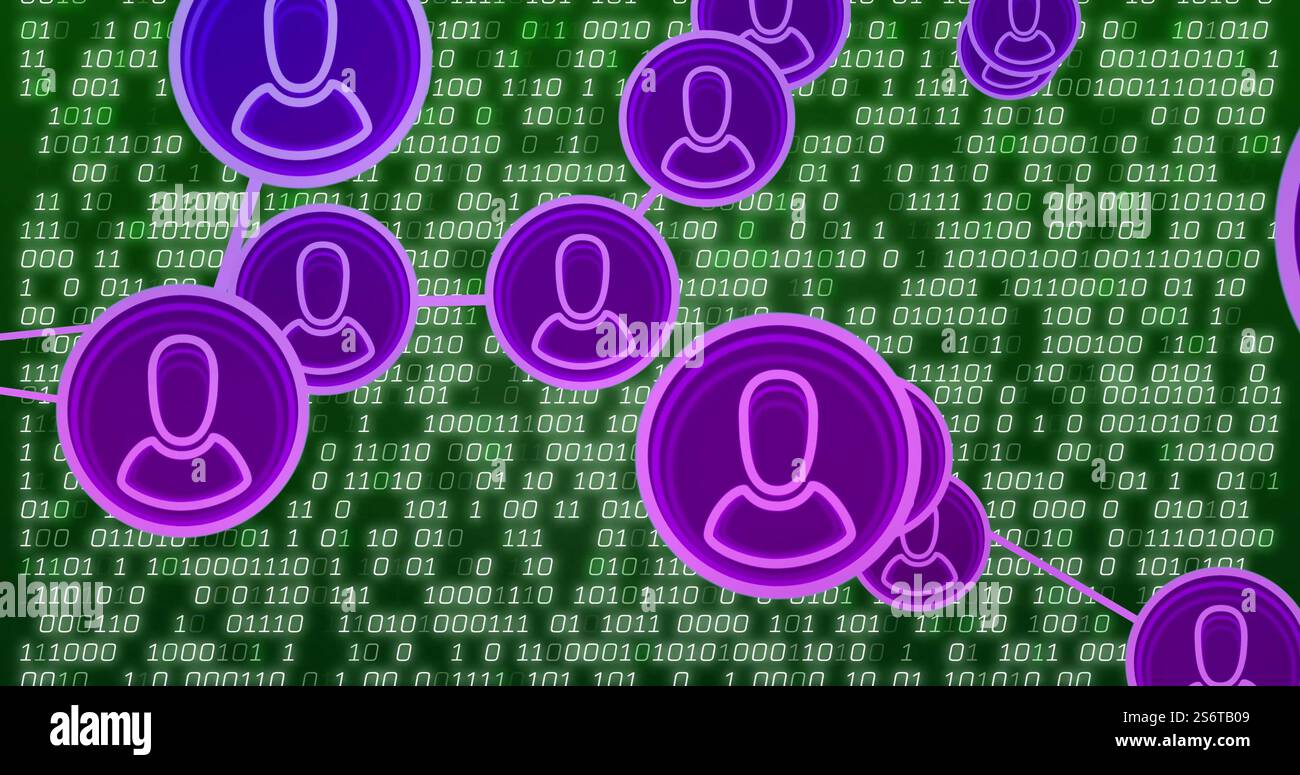Network of connected user icons image over binary code background Stock ...