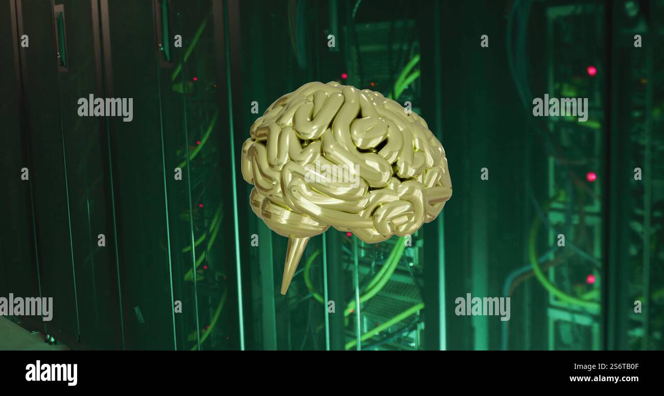 Golden brain model with circuits image over server room background ...
