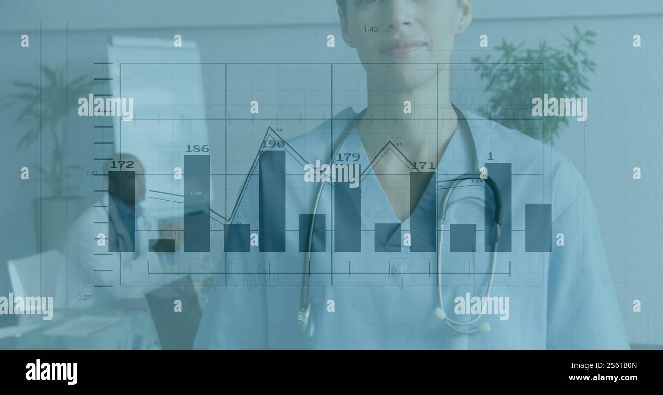 Medical data charts image over smiling healthcare professional in ...