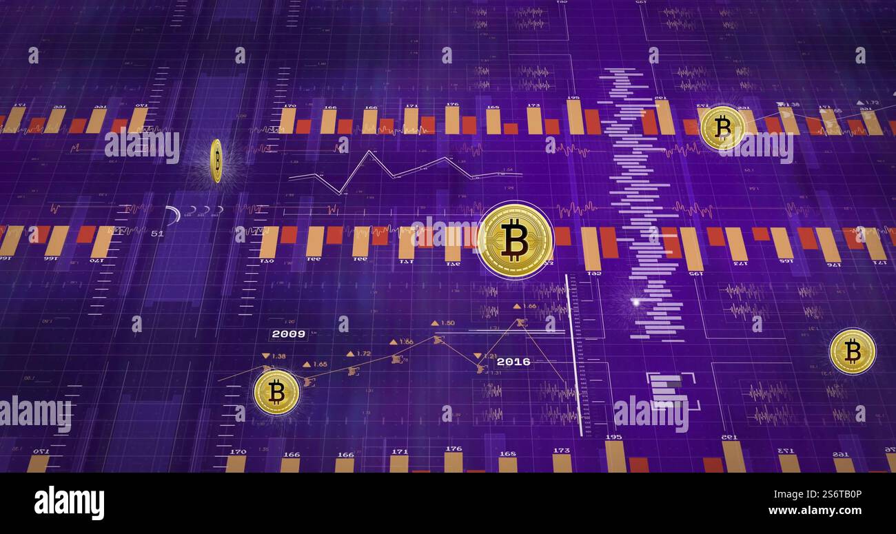 Bitcoin price chart and data analysis image over purple background ...