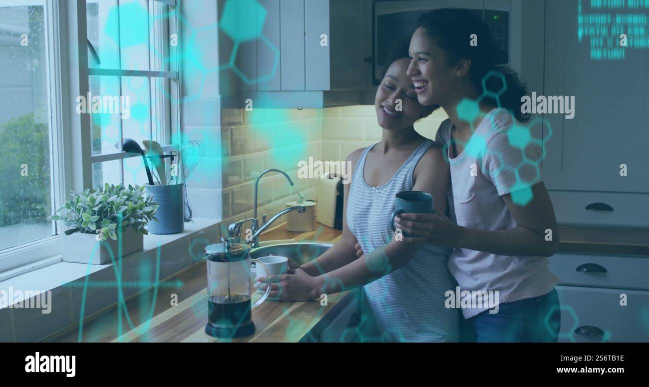 Hexagonal network image over two women preparing coffee in kitchen ...