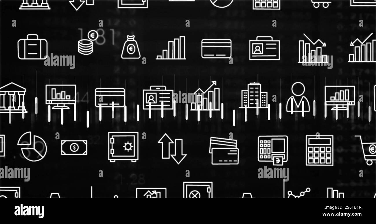 Financial icons and data processing image over black background Stock Photo - Alamy