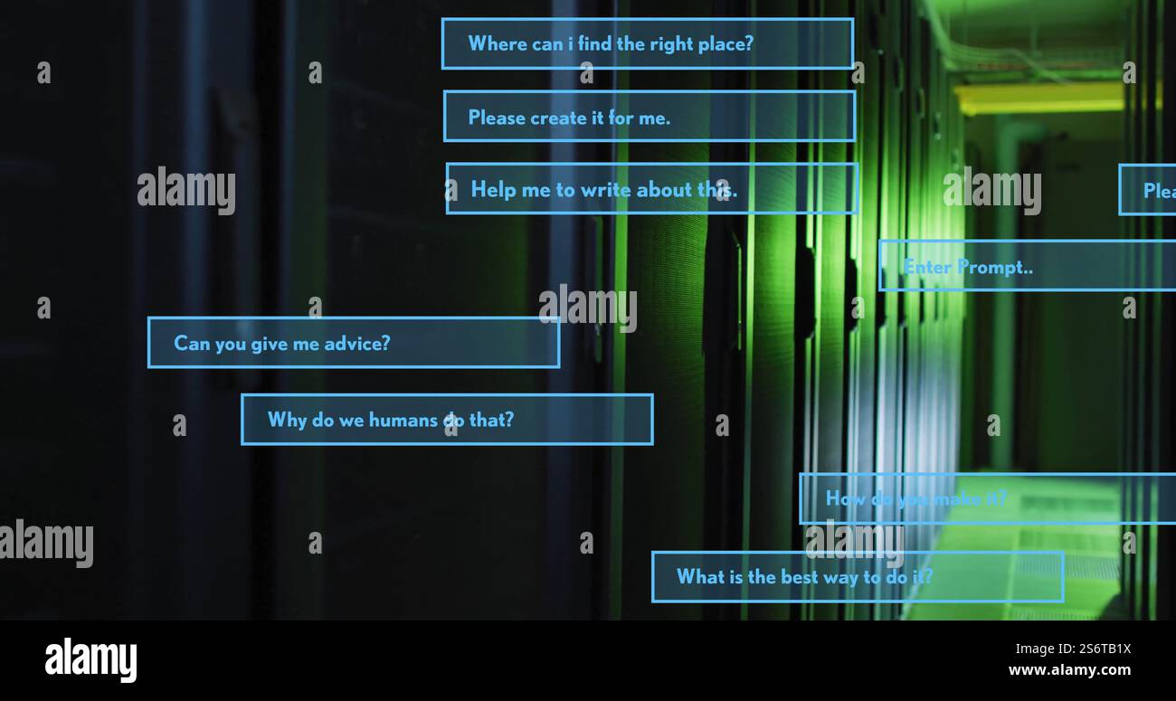 Questions and prompts image over green-lit server room background Stock ...