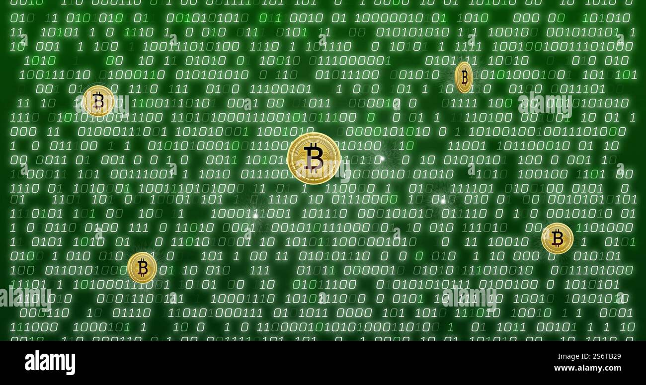 Bitcoin symbols over binary code image on green background Stock Photo - Alamy