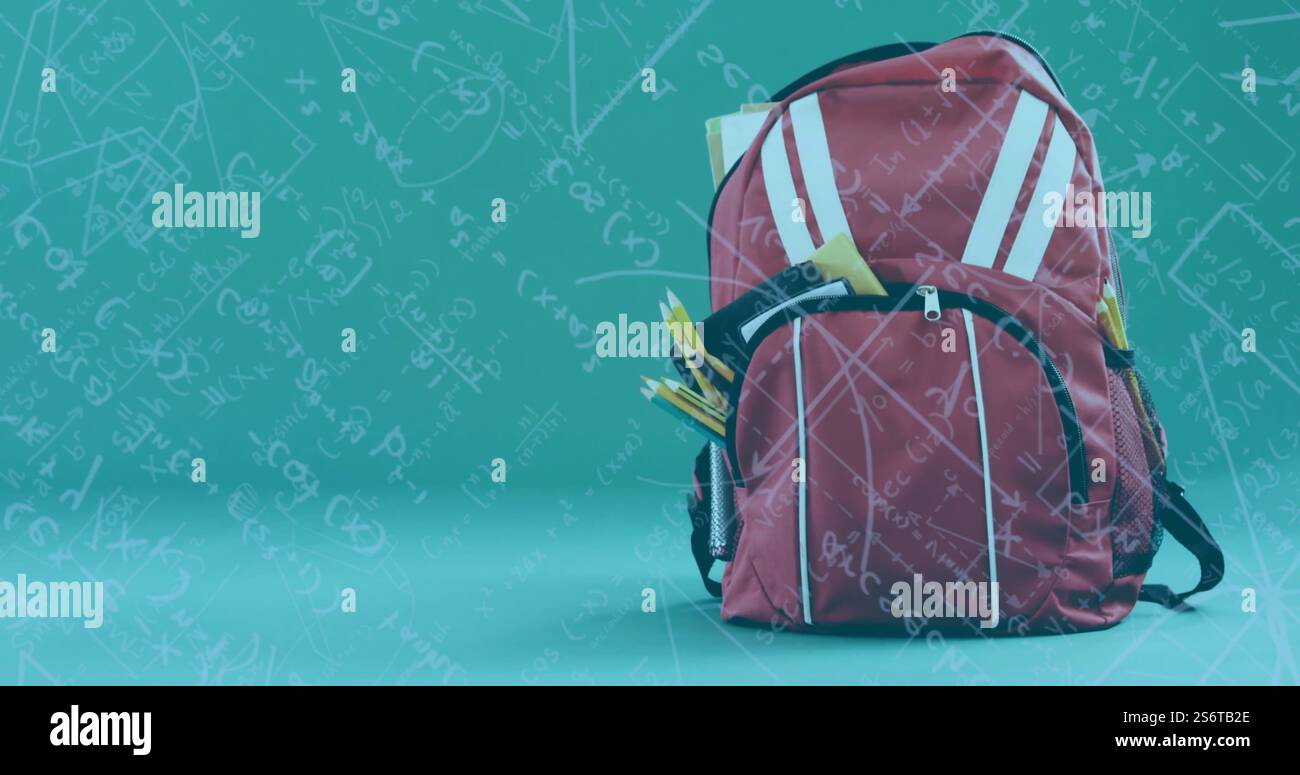 Image of mathematical equations over backpack on green background Stock ...