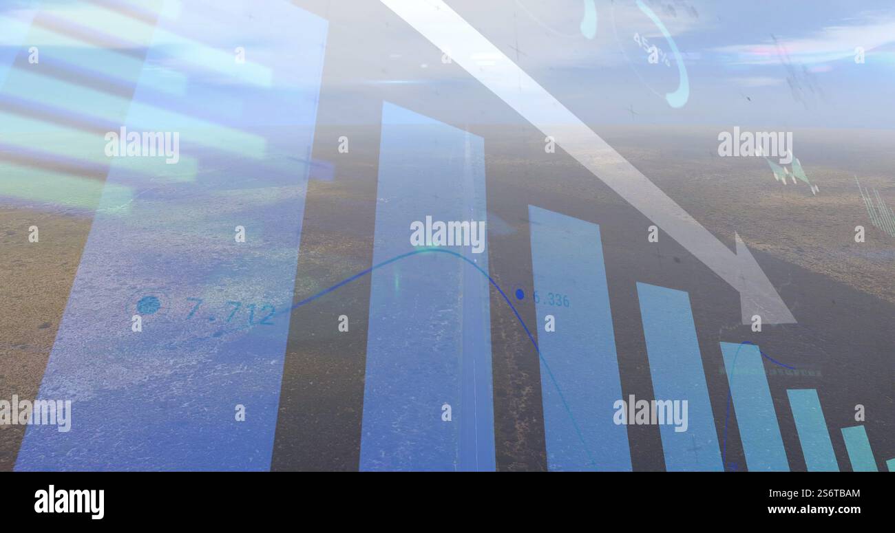 Bar chart and line graph image over aerial view of vast landscape Stock ...