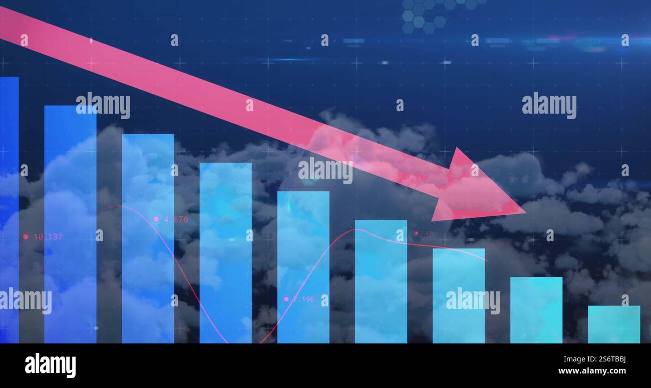 Declining bar chart with downward arrow image over cloudy sky ...