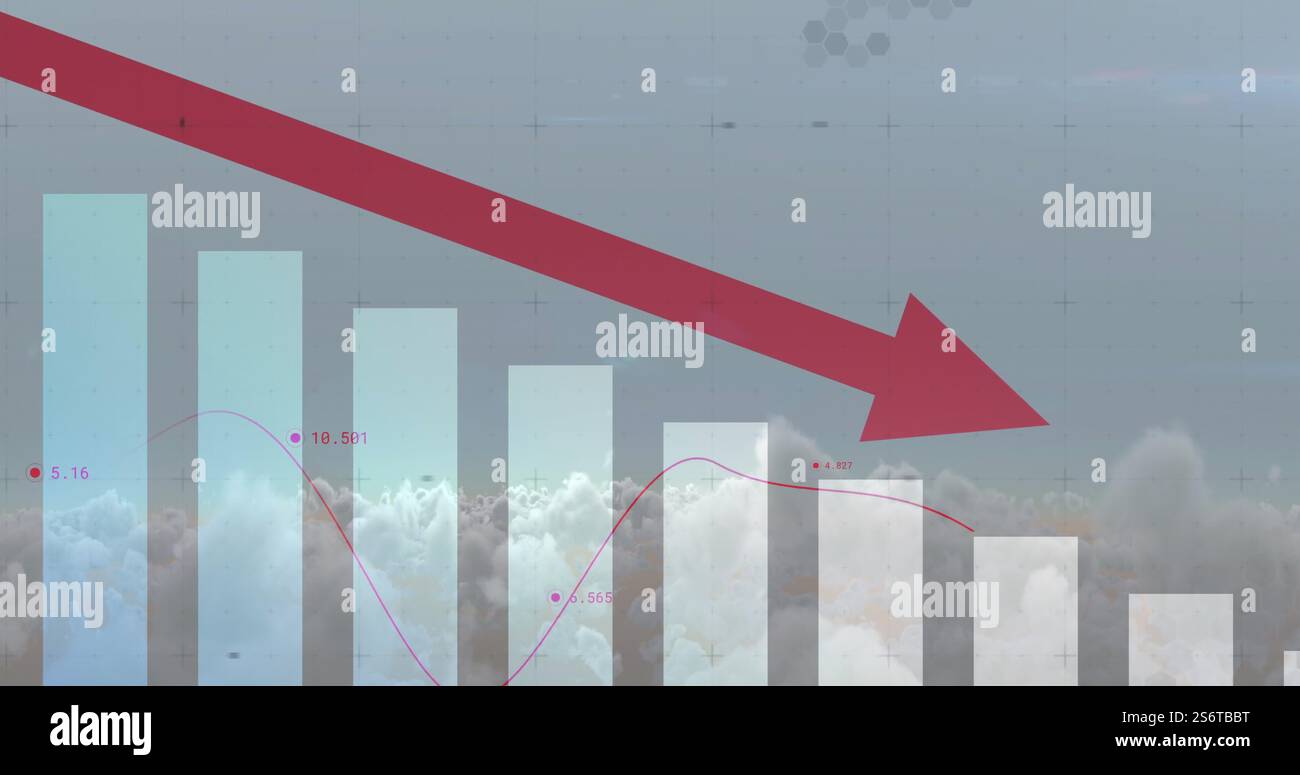 Red downward arrow and bar chart image over cloudy sky background Stock ...