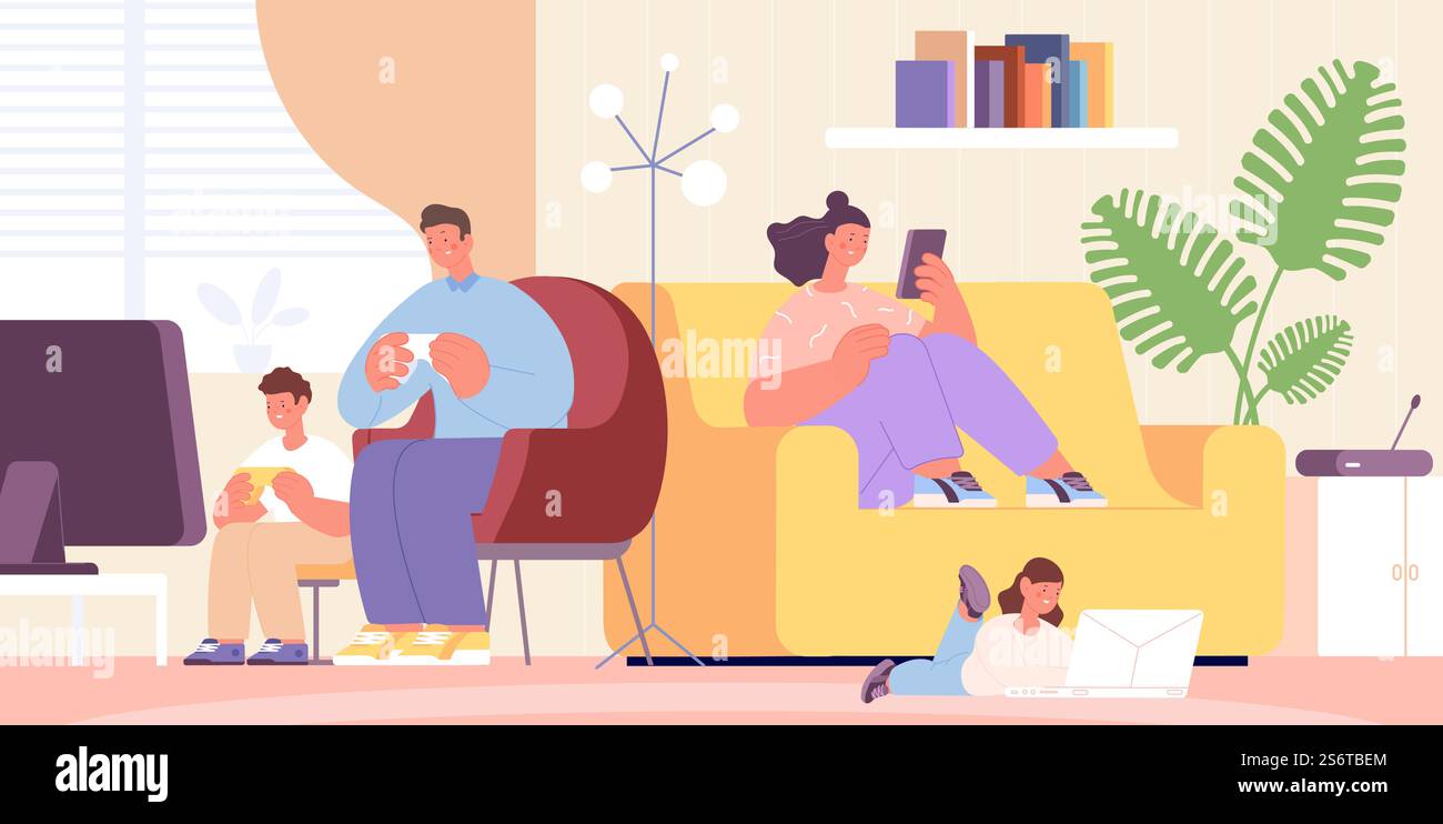 Family at home with gadget. Parents, kids use smartphone and playing ...