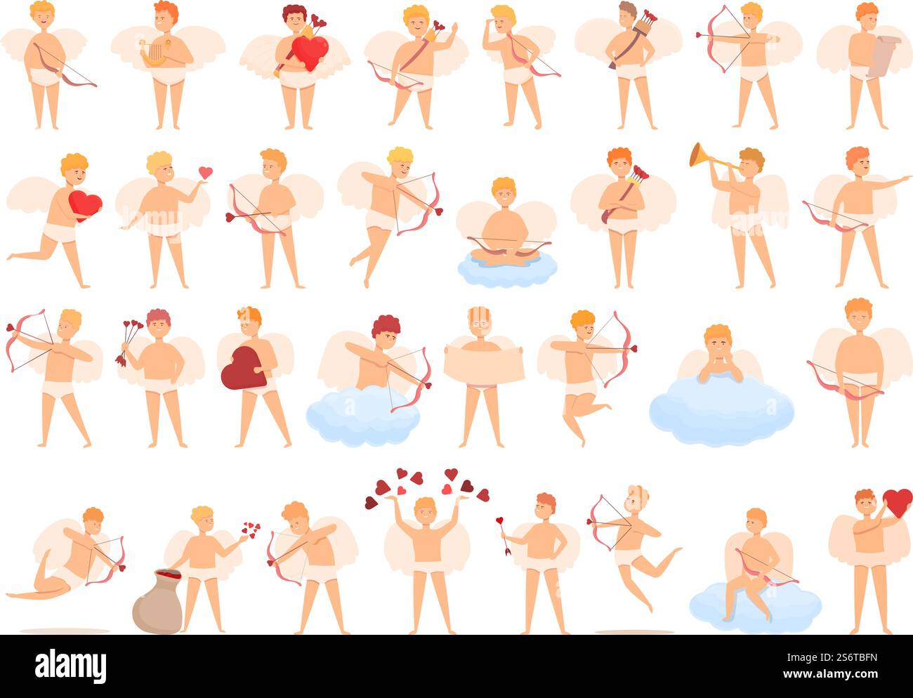 Cupid icons set cartoon vector. Cherub angel. Arrow bow. Cupid icons set cartoon vector. Cherub ...