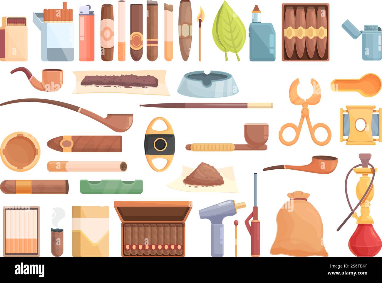 Cigarette and cigar accessories icons set cartoon vector. Addiction box ...