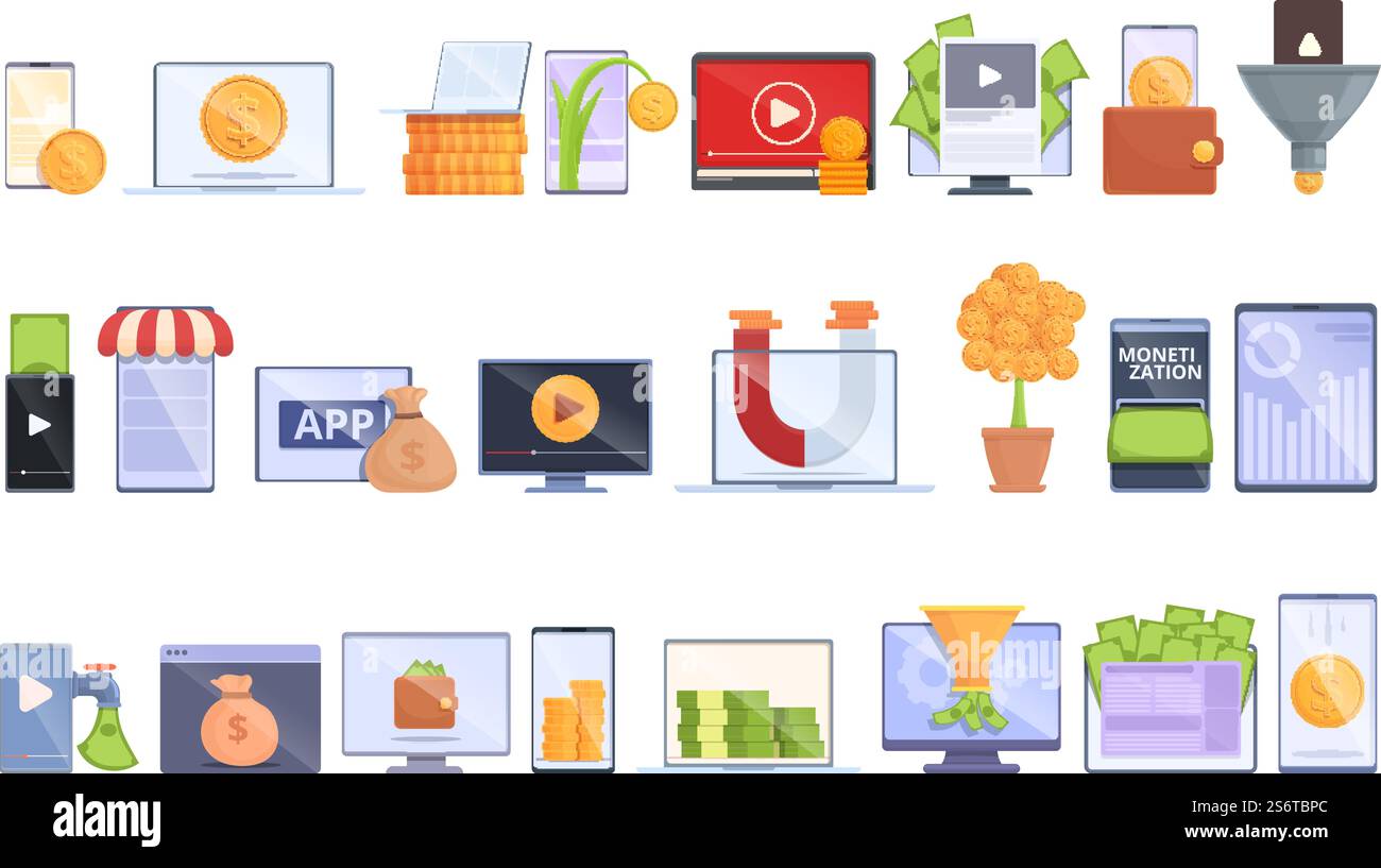 Monetization icons set cartoon vector. Website benefit. Computer ...