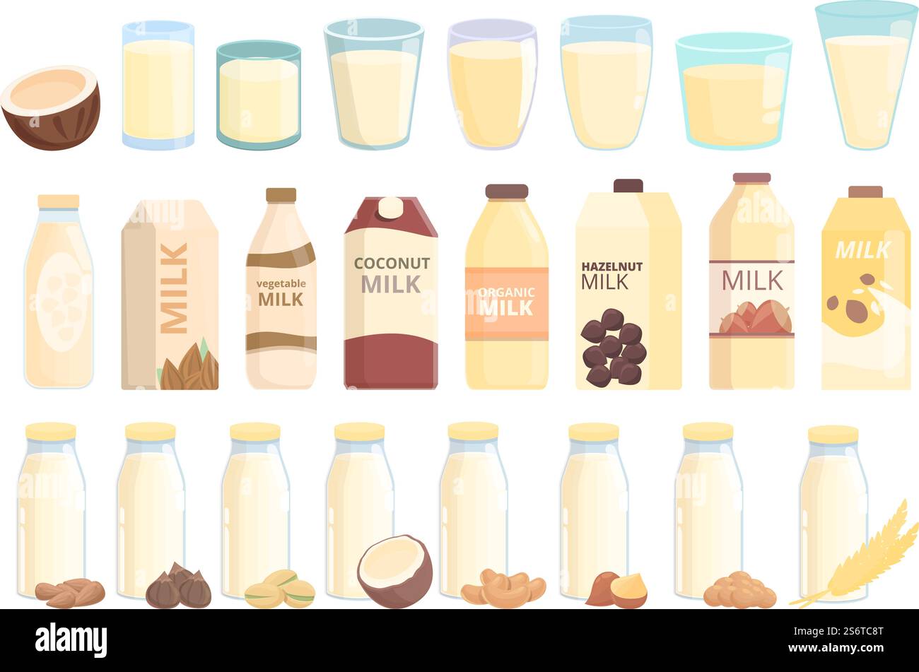Vegetable milk icons set cartoon vector. Almond soy. Coconut soya ...