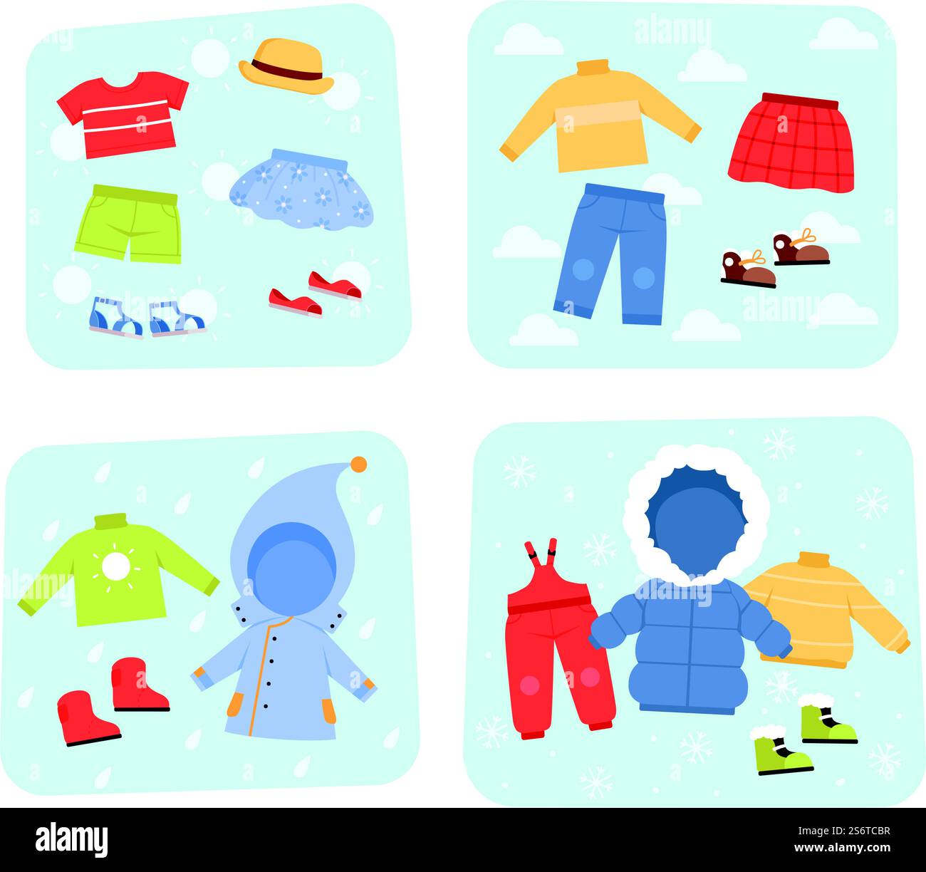 Season clothes. Winter summer autumn and spring fashion wardrobe caps ...