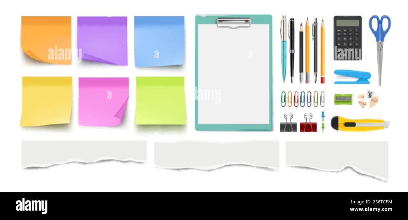 Stationery collection. Realistic pen pencil, notes sheets. Isolated ...