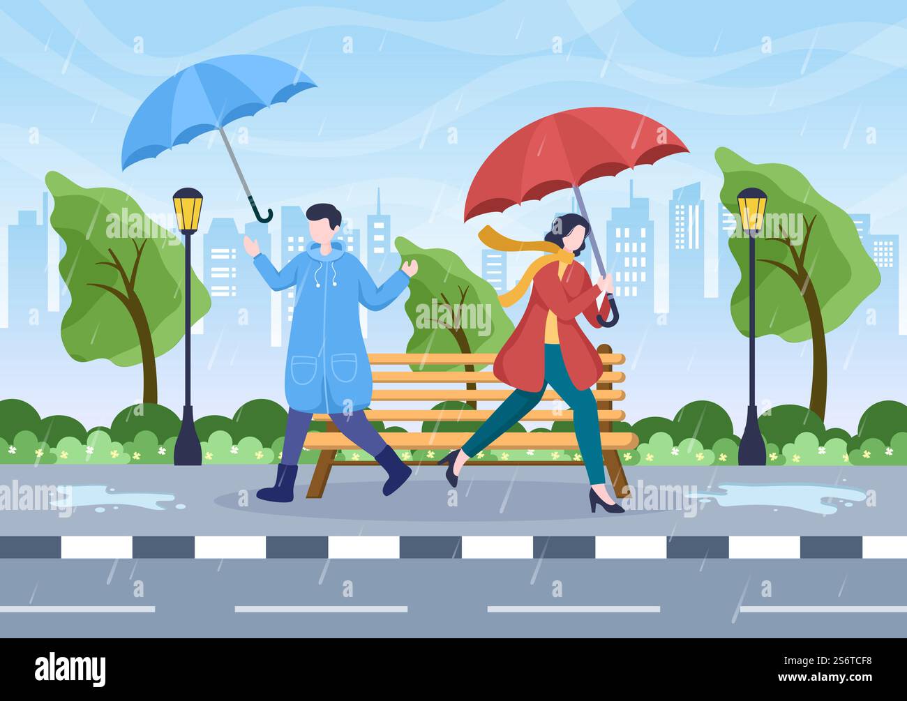 People Wearing Raincoat, Rubber Boots and Carrying Umbrella In the Middle of Rain Showers Storm ...