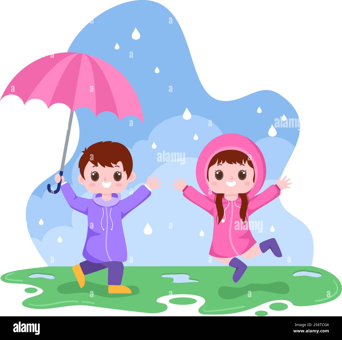 Cute Kid Wearing Raincoat, Rubber Boots and Carrying Umbrella In the Middle of Rain Showers ...