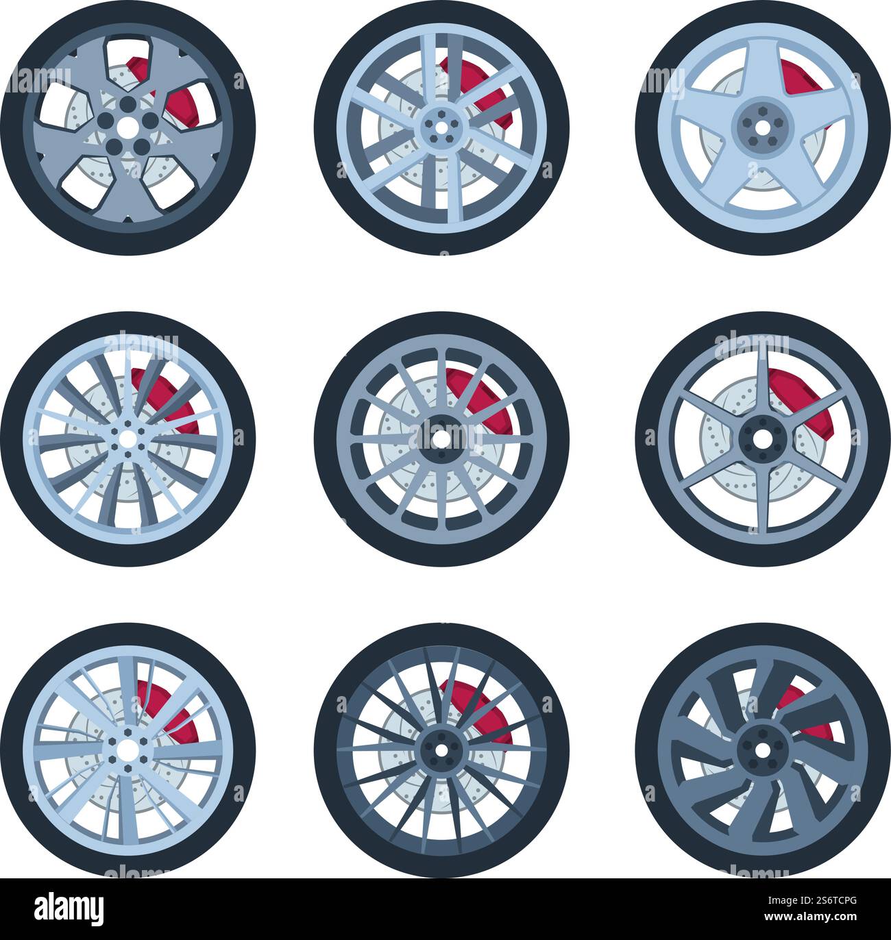 Wheels with brake pads. Modern vehicle wheels circle round forms ...