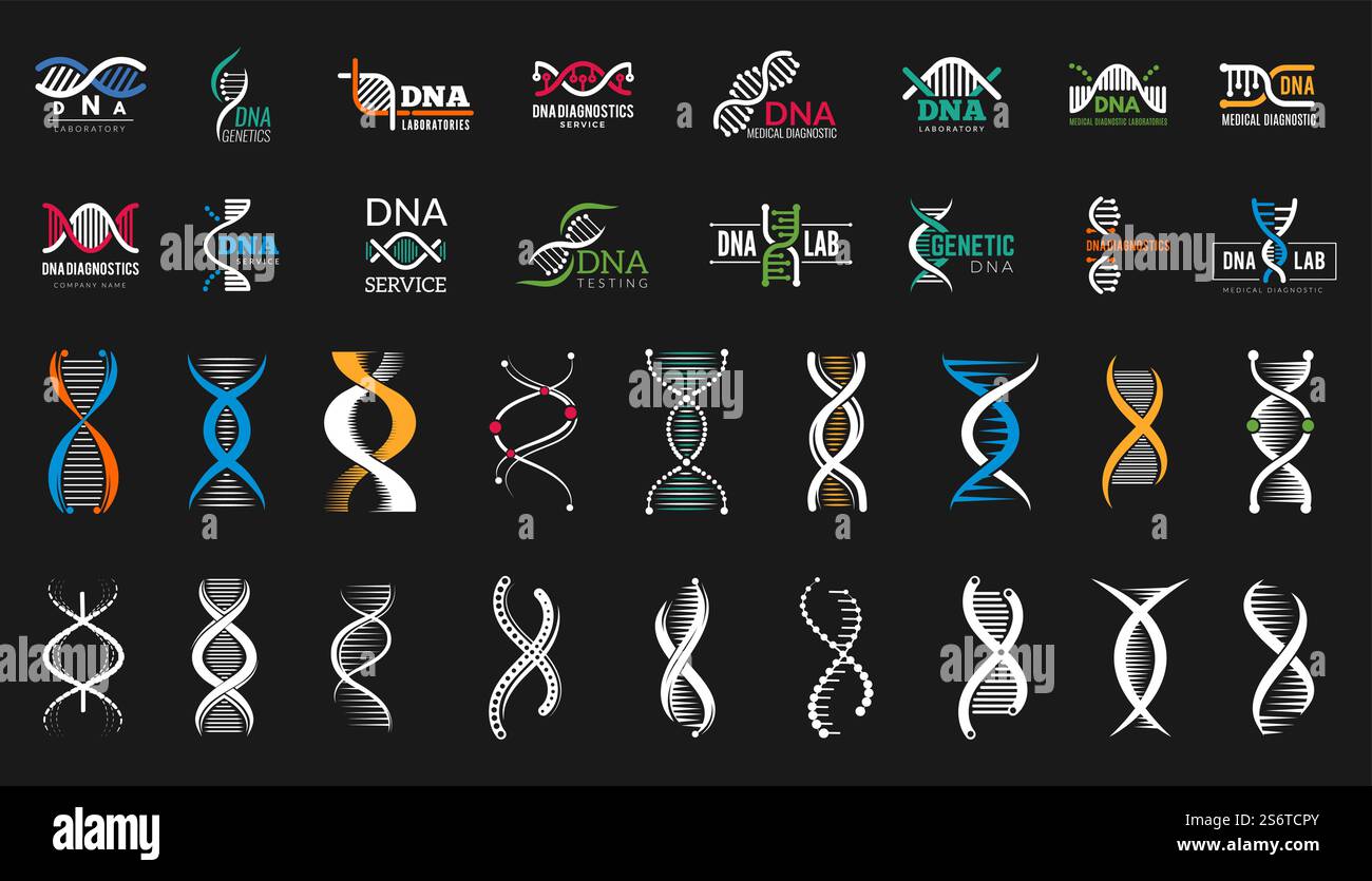 DNA icons. Medical genetic lab, science labels and biotechnology ...