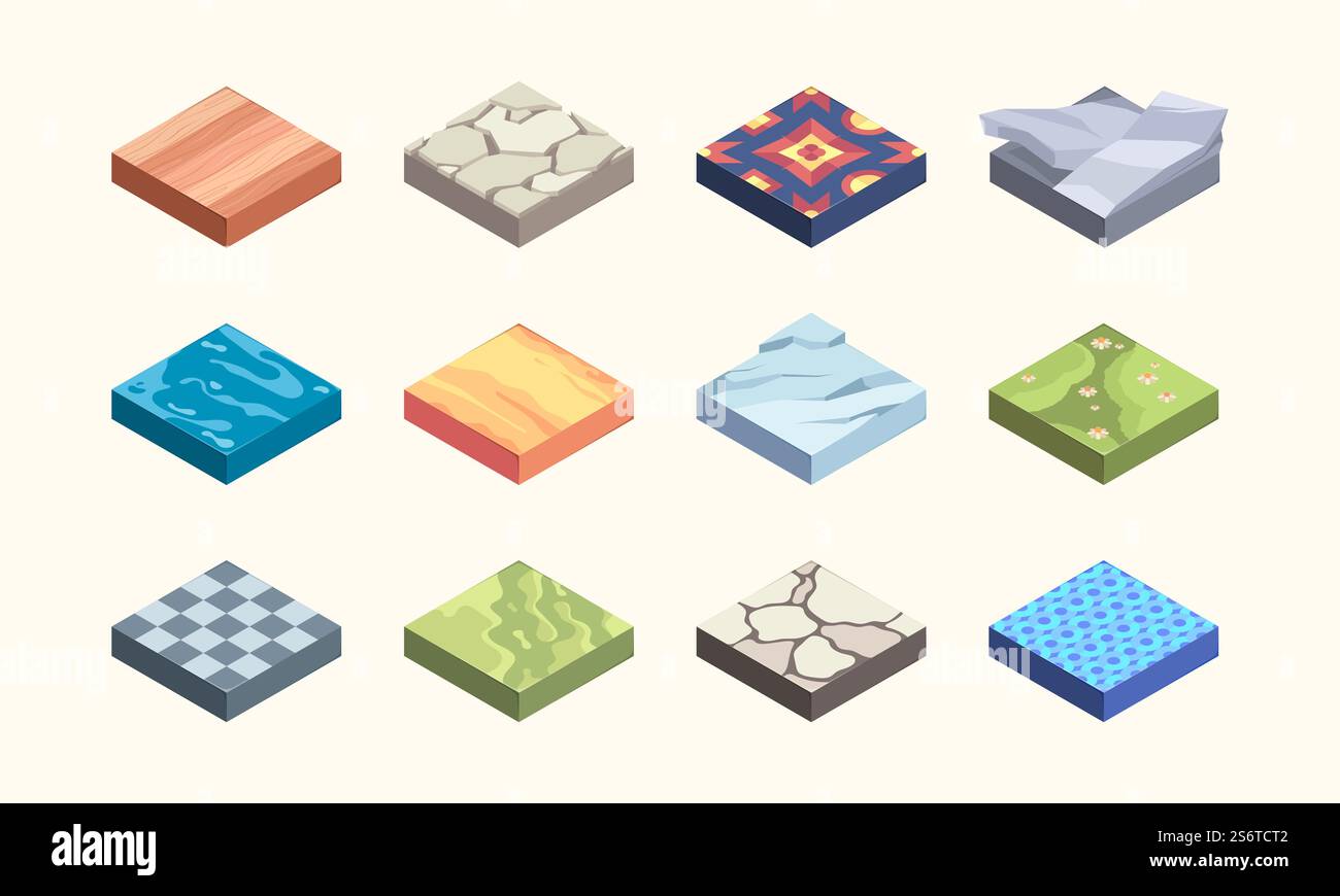 Isometric ground platforms. Rock and earth surfaces grass layers ...