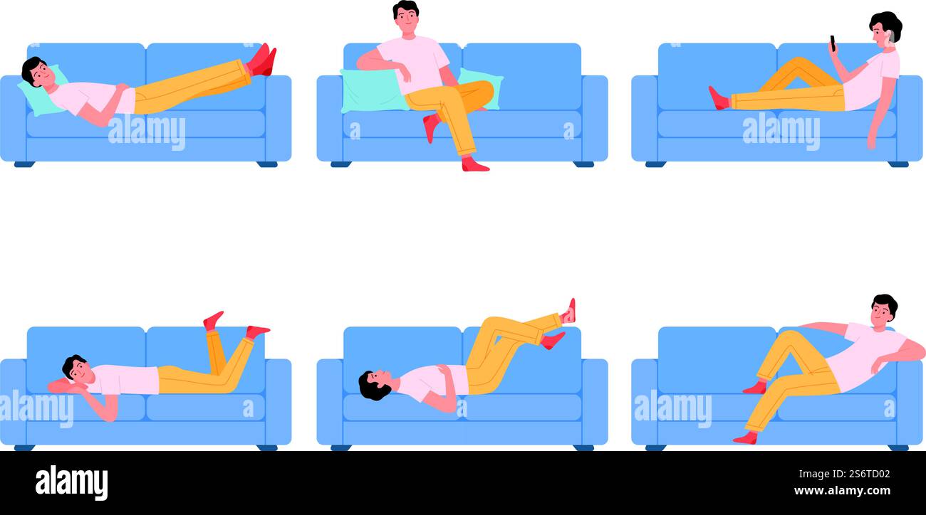 Man on couch. Relaxing different poses characters sitting on sofa ...