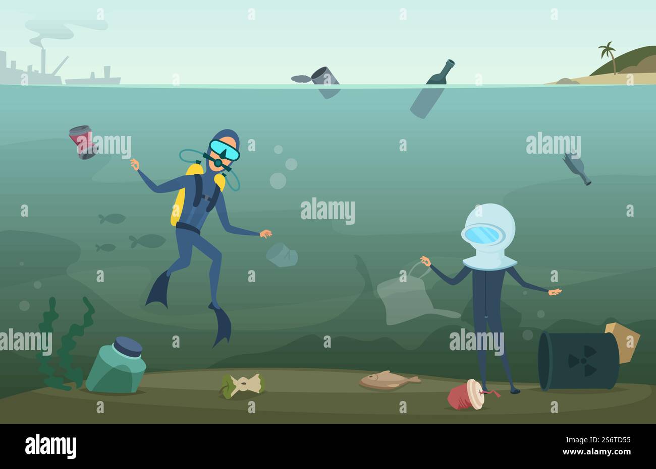 Ecology problems. Water pollution, scuba divers in ocean collect waste ...