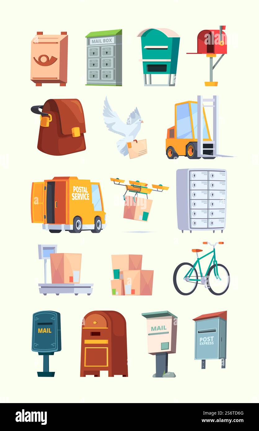 Postal office items. Mail service car letters postal box delivery packages garish vector flat ...