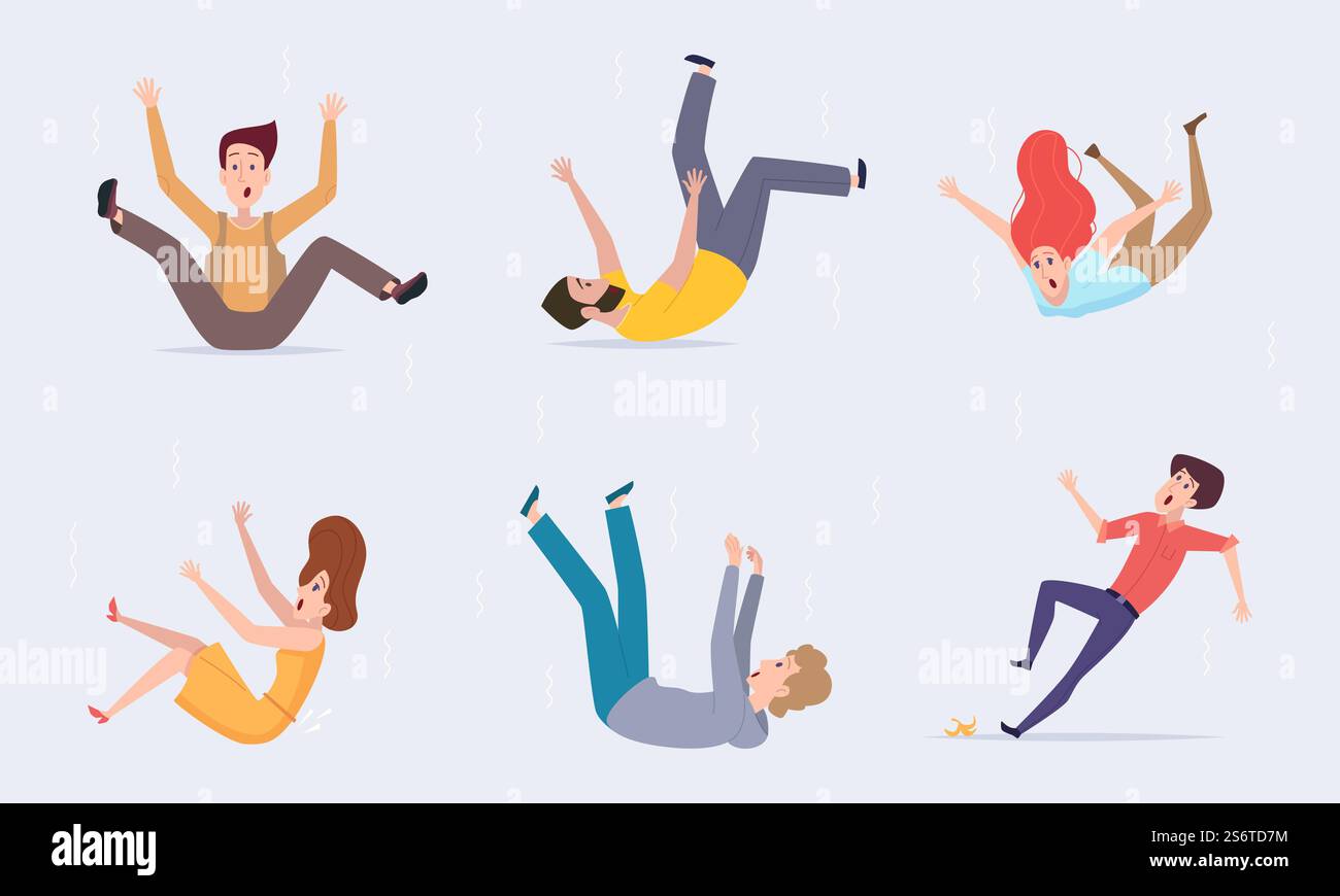 Falling people. Healthcare problems persons falling from stairs wet ...