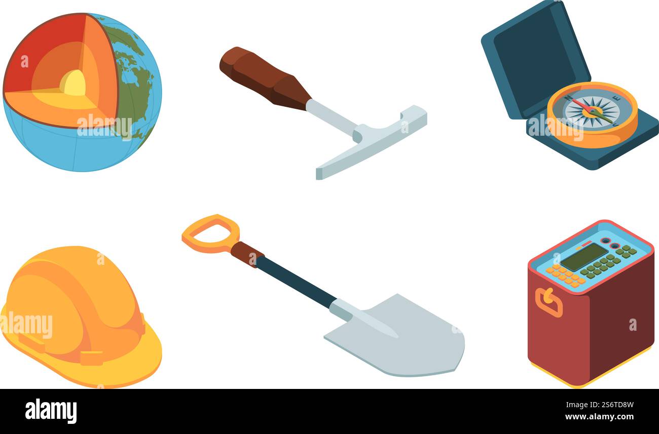 Earth exploration. Isometric geologist equipment ground layers mantle ...