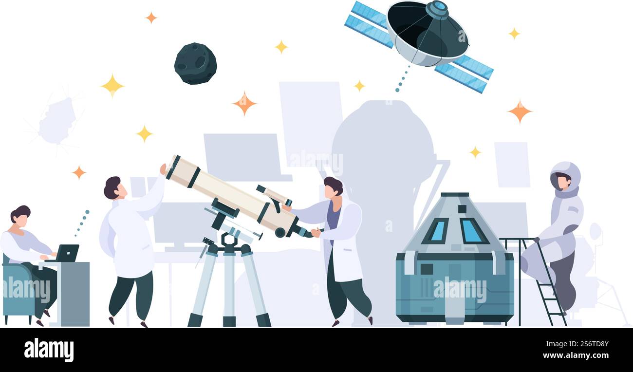 Planetarium characters. Scientific space research exploring universe ...