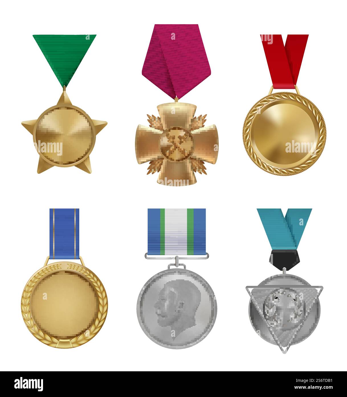 Military awards. Sport leadership round golden medals with red ribbons ...