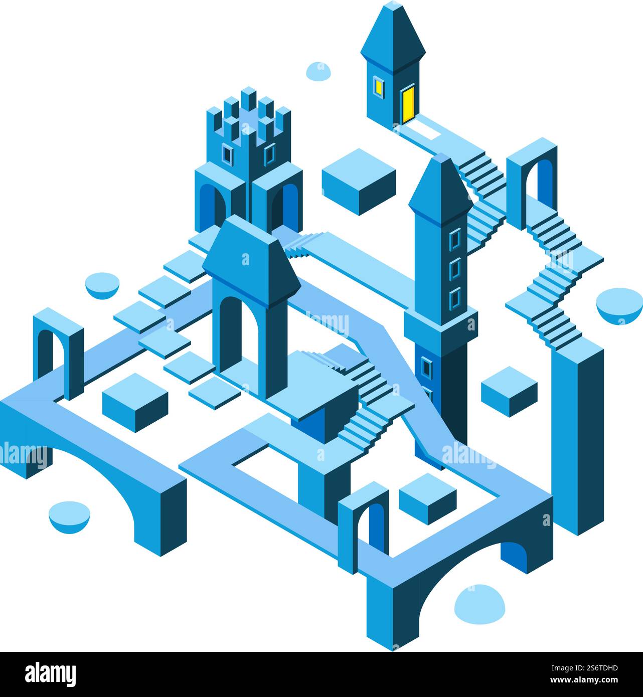 Isometric maze building. 3d architectural object big building with many impossibile ways and ...
