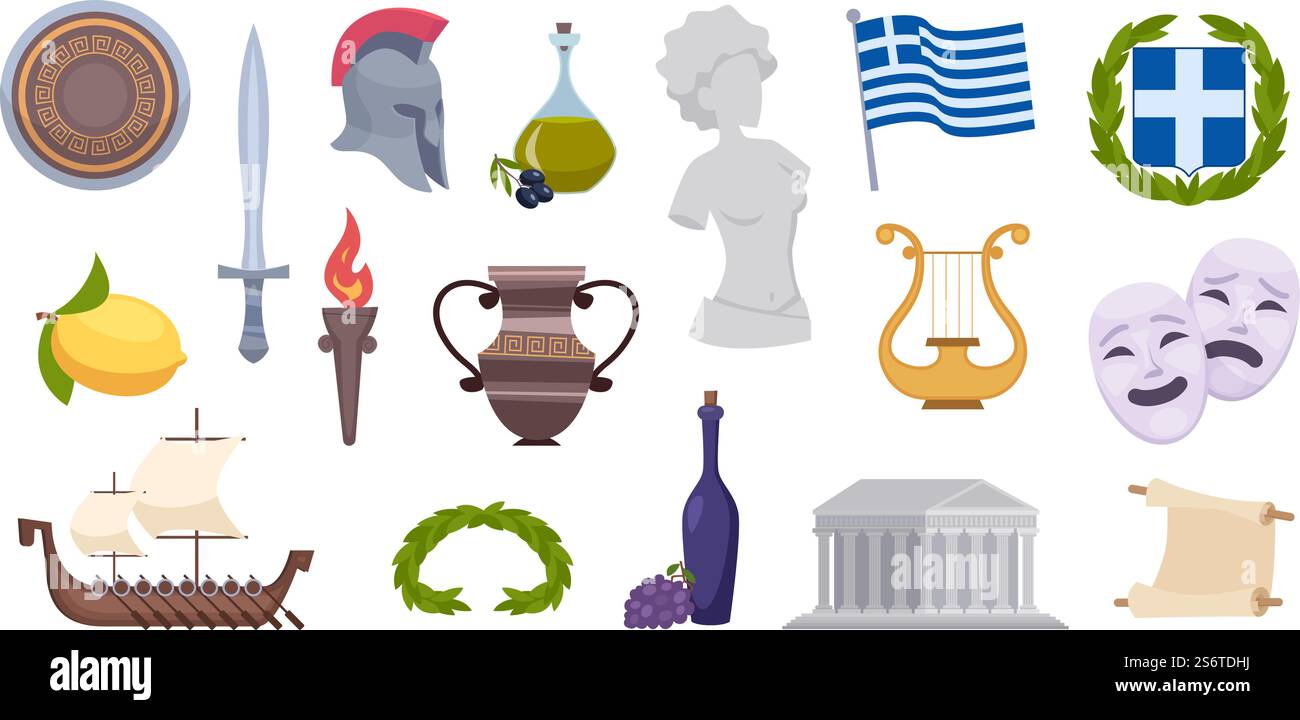 Greece objects. Traditional ancient old greek landmarks and symbols ...