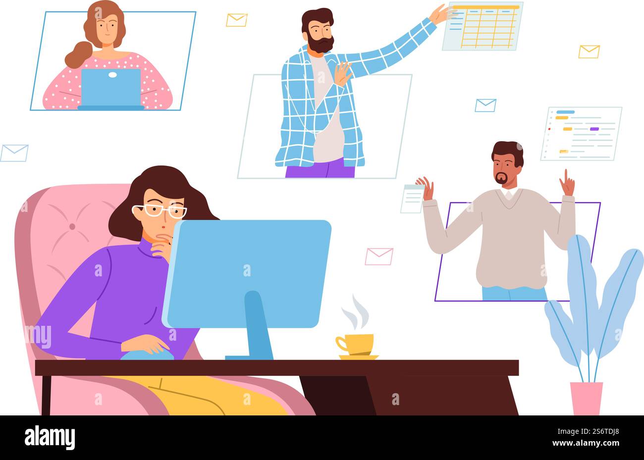 Remote teamwork. Cooperation, video call and conference. People working ...