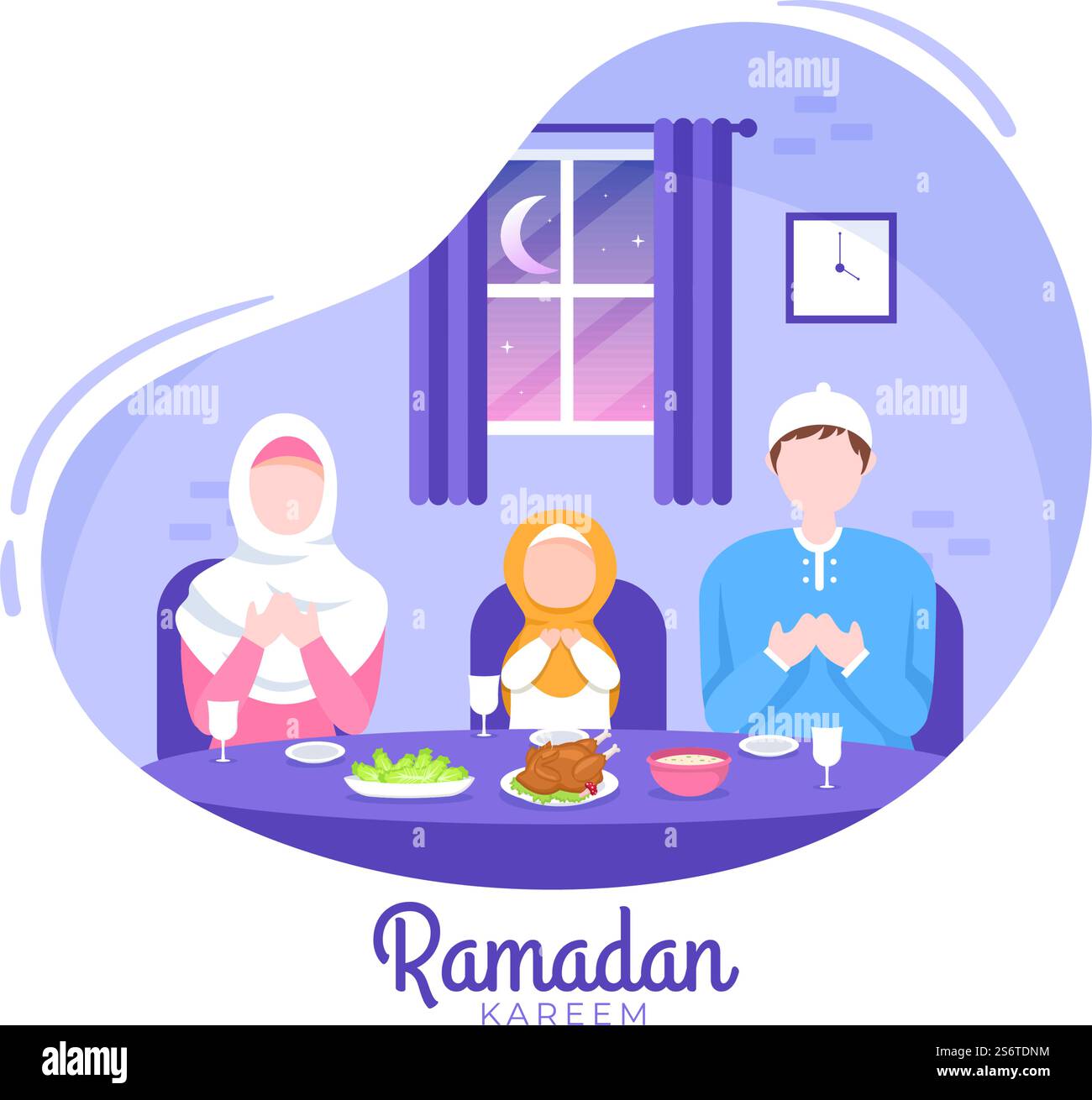 Ramadan Kareem with Breaking the Fast, Iftar or Sahur in Flat Background Vector Illustration for ...