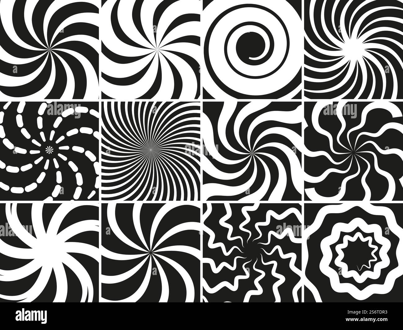 Hypnotic shapes collection. Radial black white abstract spirals ...