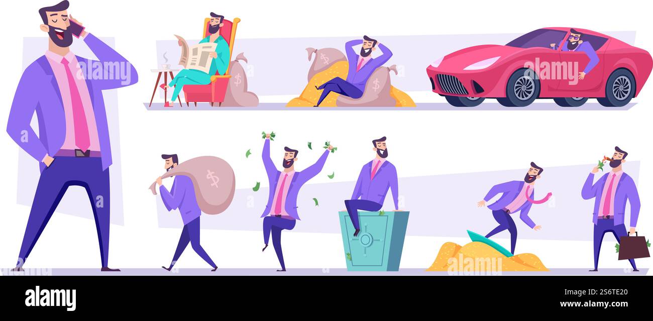 Rich businessman. Happy dollar millionaire holding money and golden ...