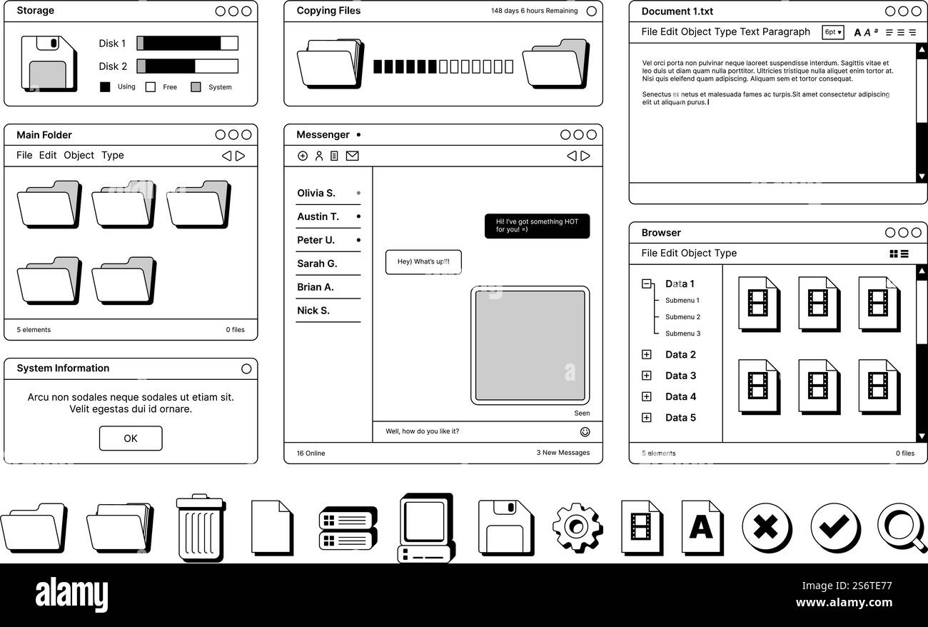 Web pages layout templates in retro style digital screen symbols icons ...