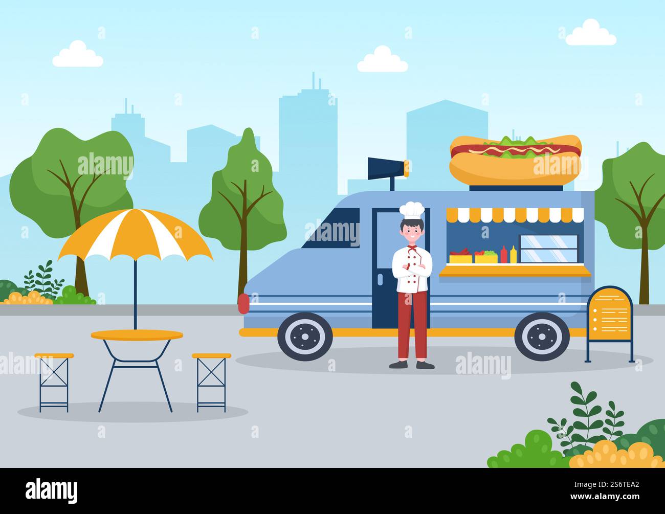 Outdoor Street and Food Truck Serving Fast Food such as Pizza, Burger ...