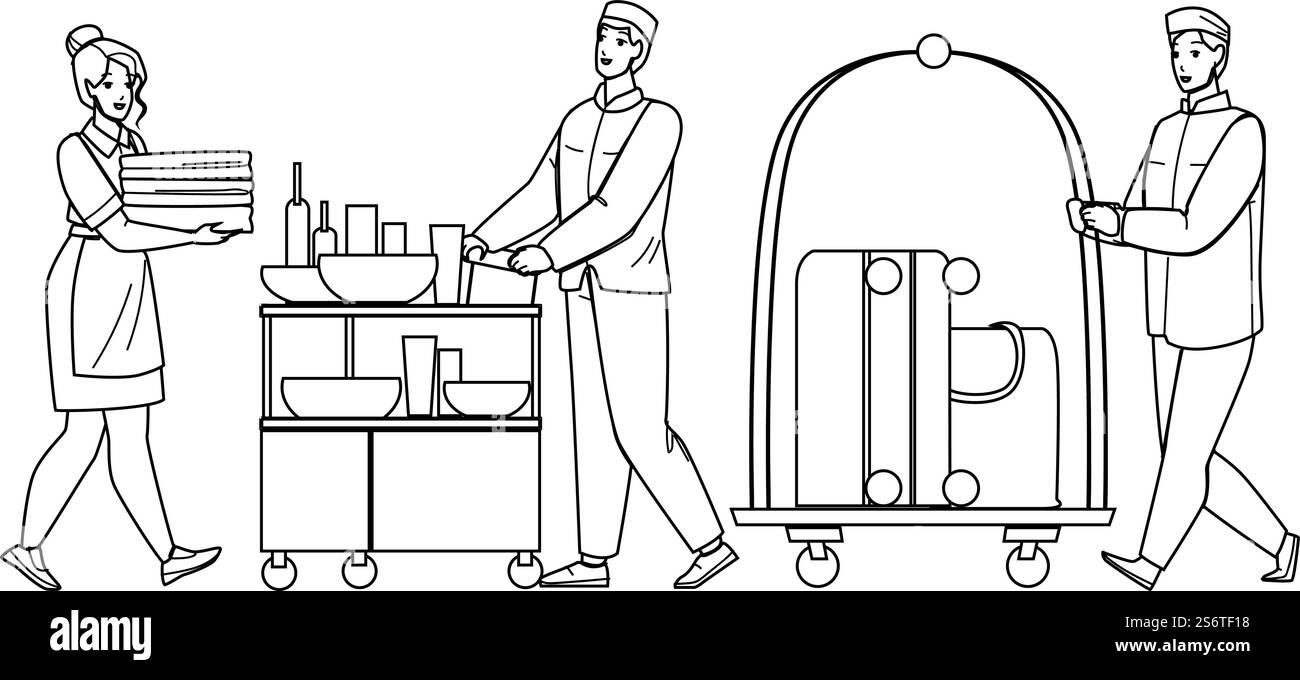 Hotel Room Service Servicing Client Set Black Line Pencil Drawing ...