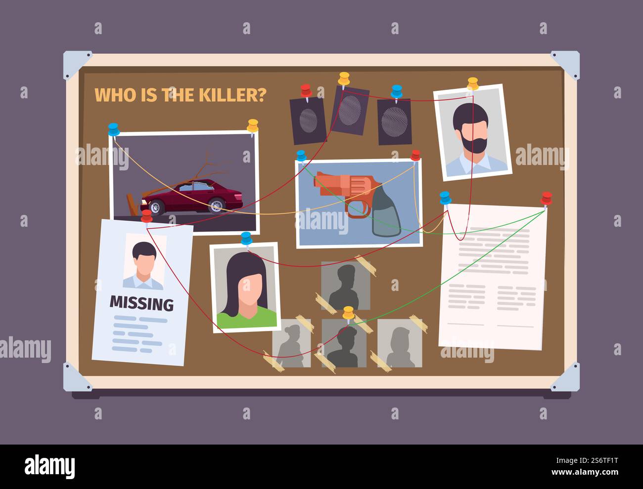 Detective board. Police officer evidence photo check board with sticky ...