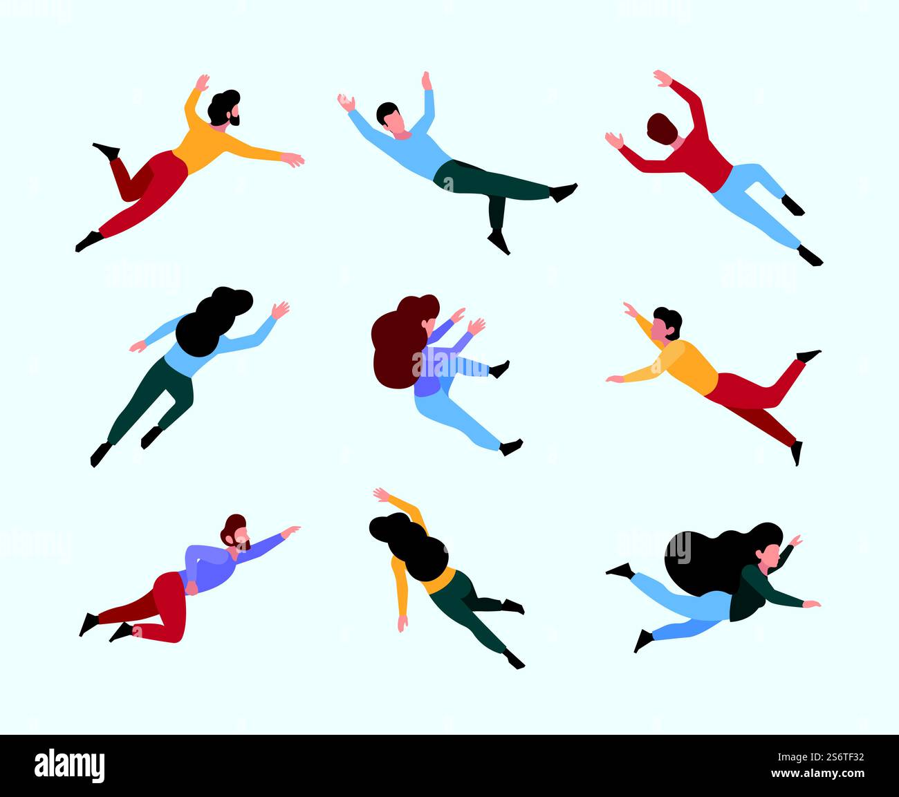 Flying persons. Moving and dreaming people in action poses sleeping and ...